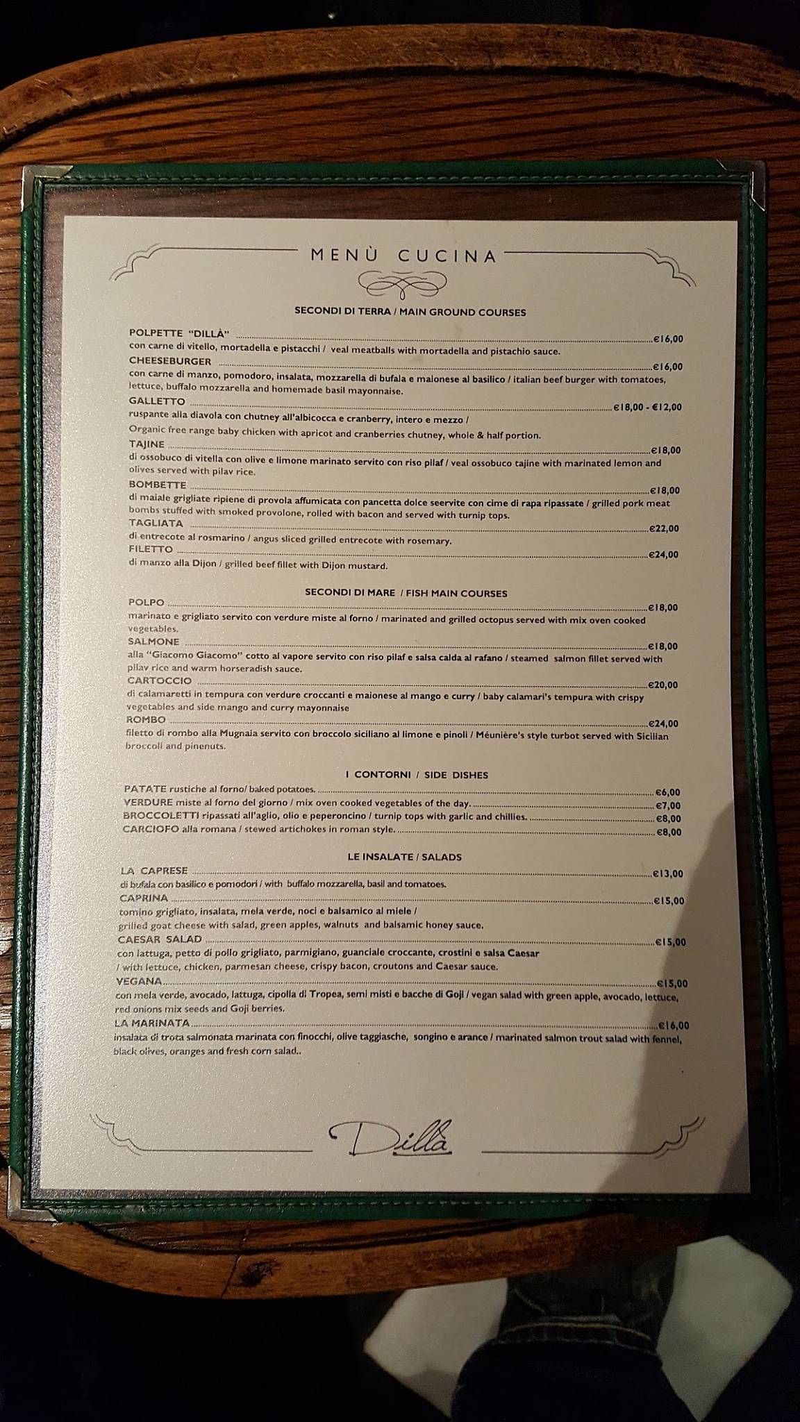 Menu at Ristorante Dillà, Rome