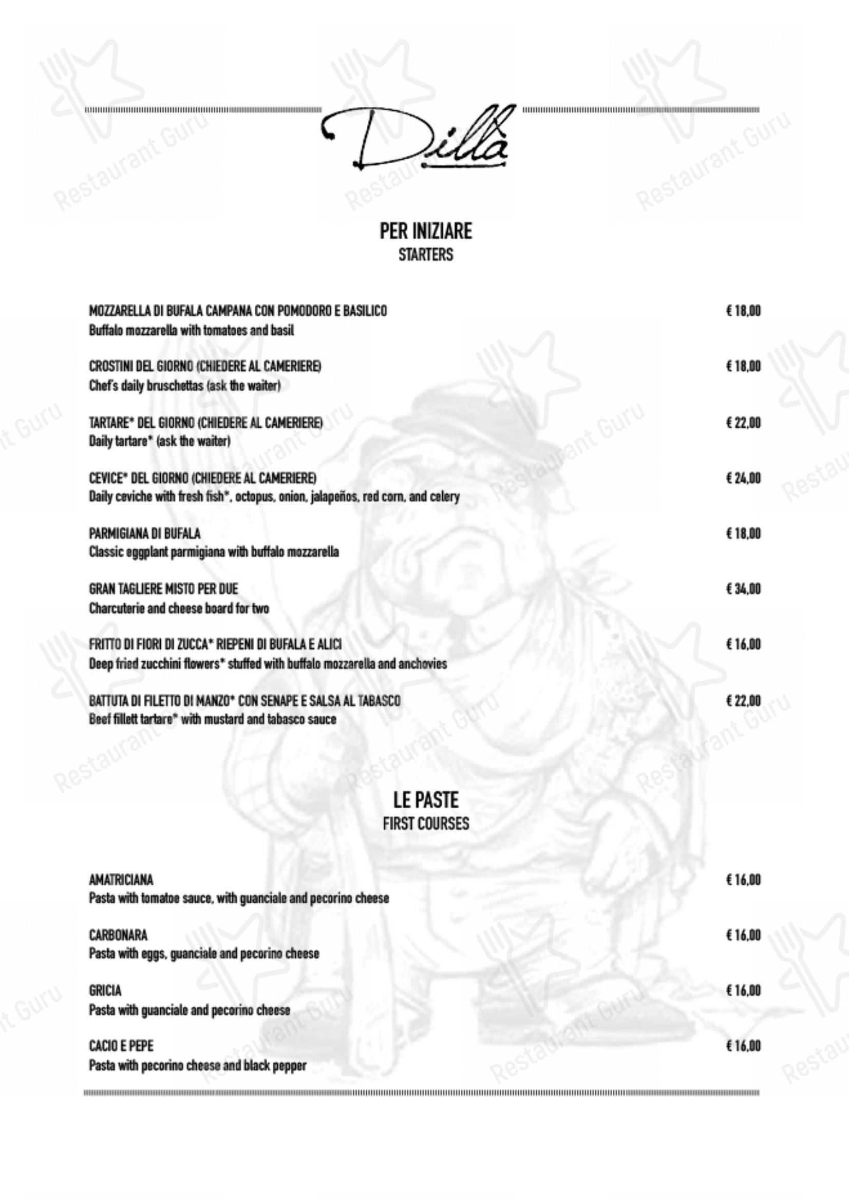 Menu at Ristorante Dillà, Rome