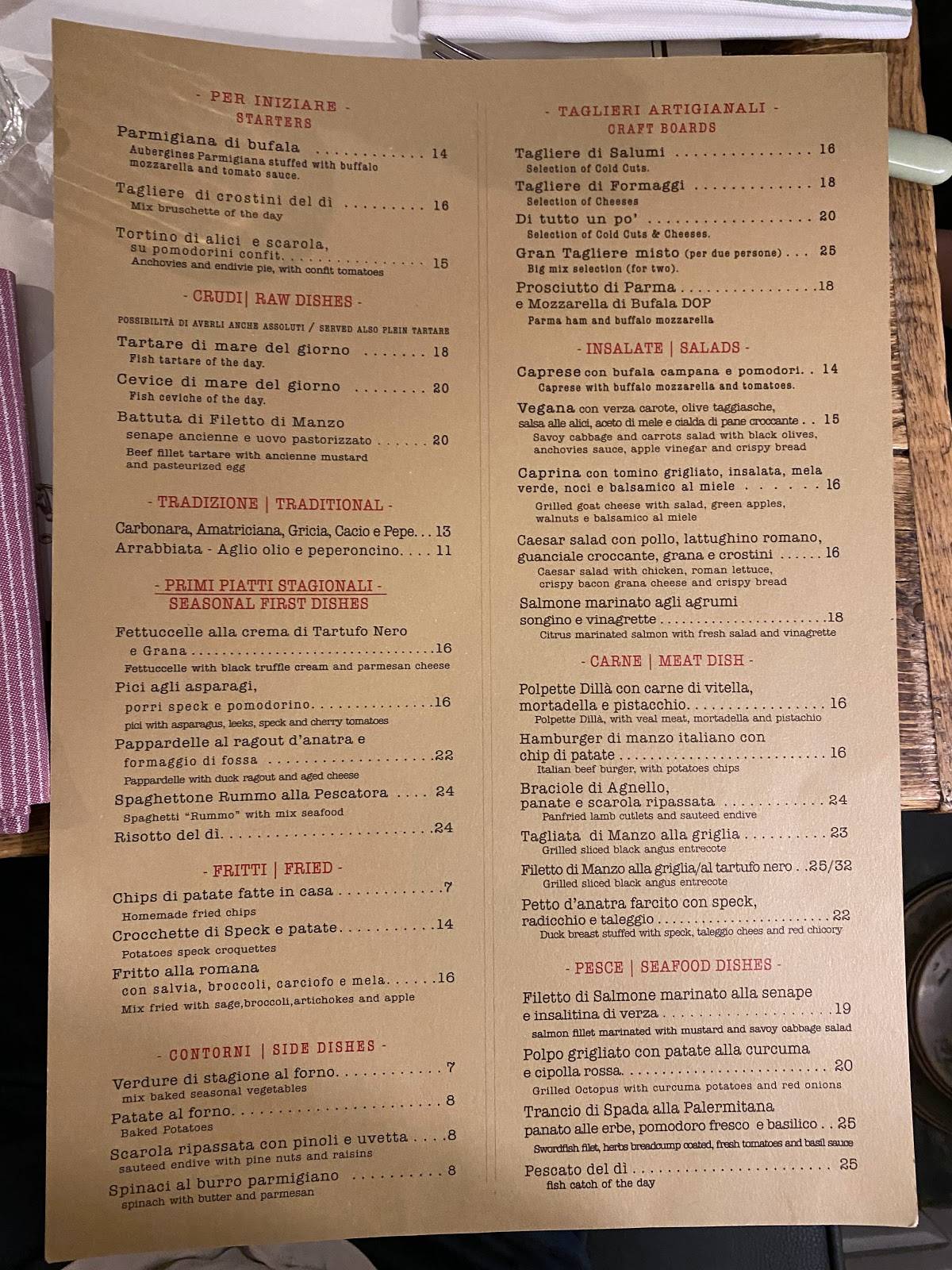 Menu at Ristorante Dillà, Rome