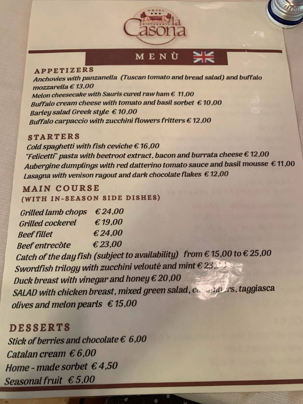 Menu da La Casona ristorante, Feltre