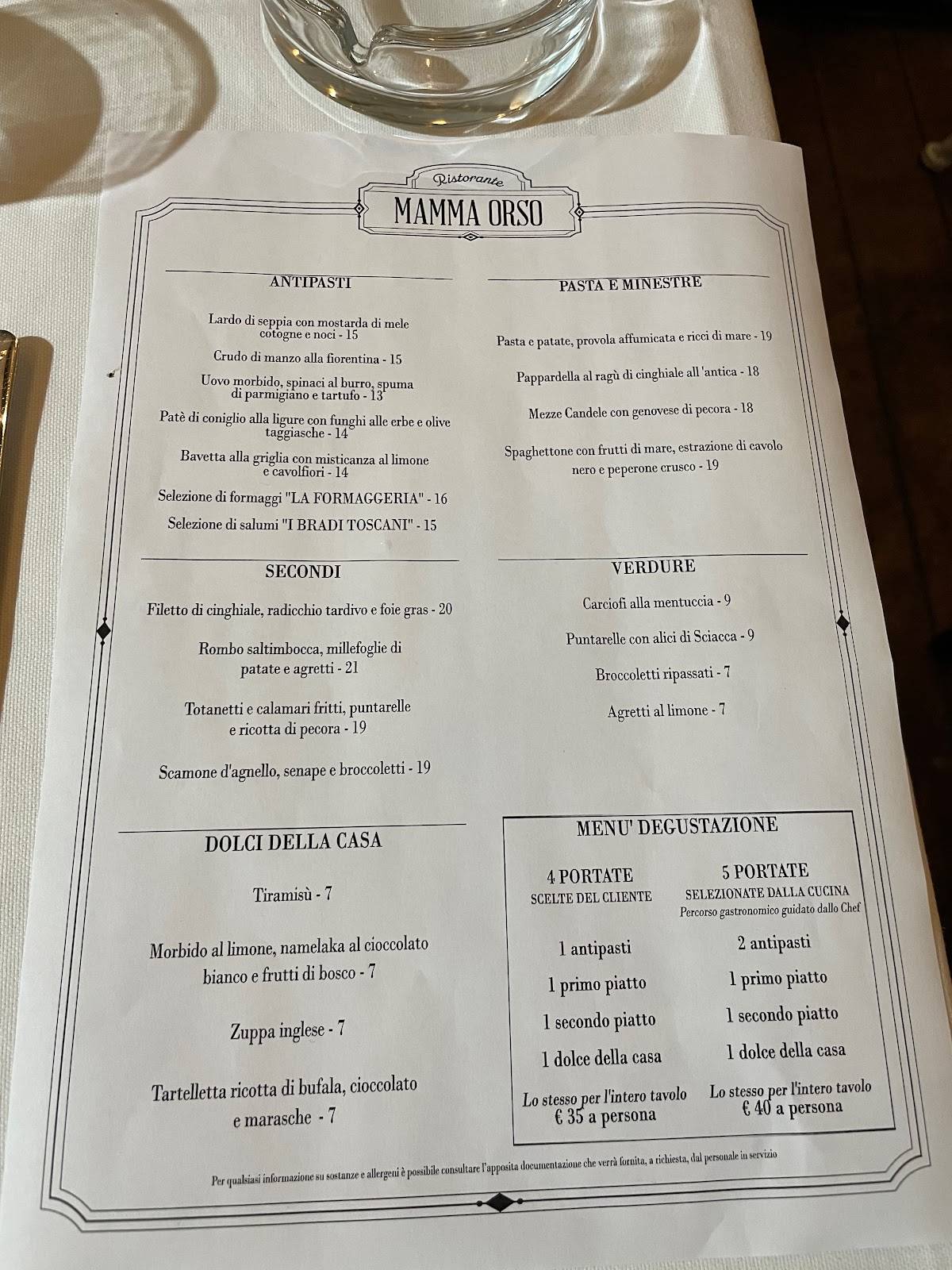 Menu au Ristorante Mamma Orso, Rome
