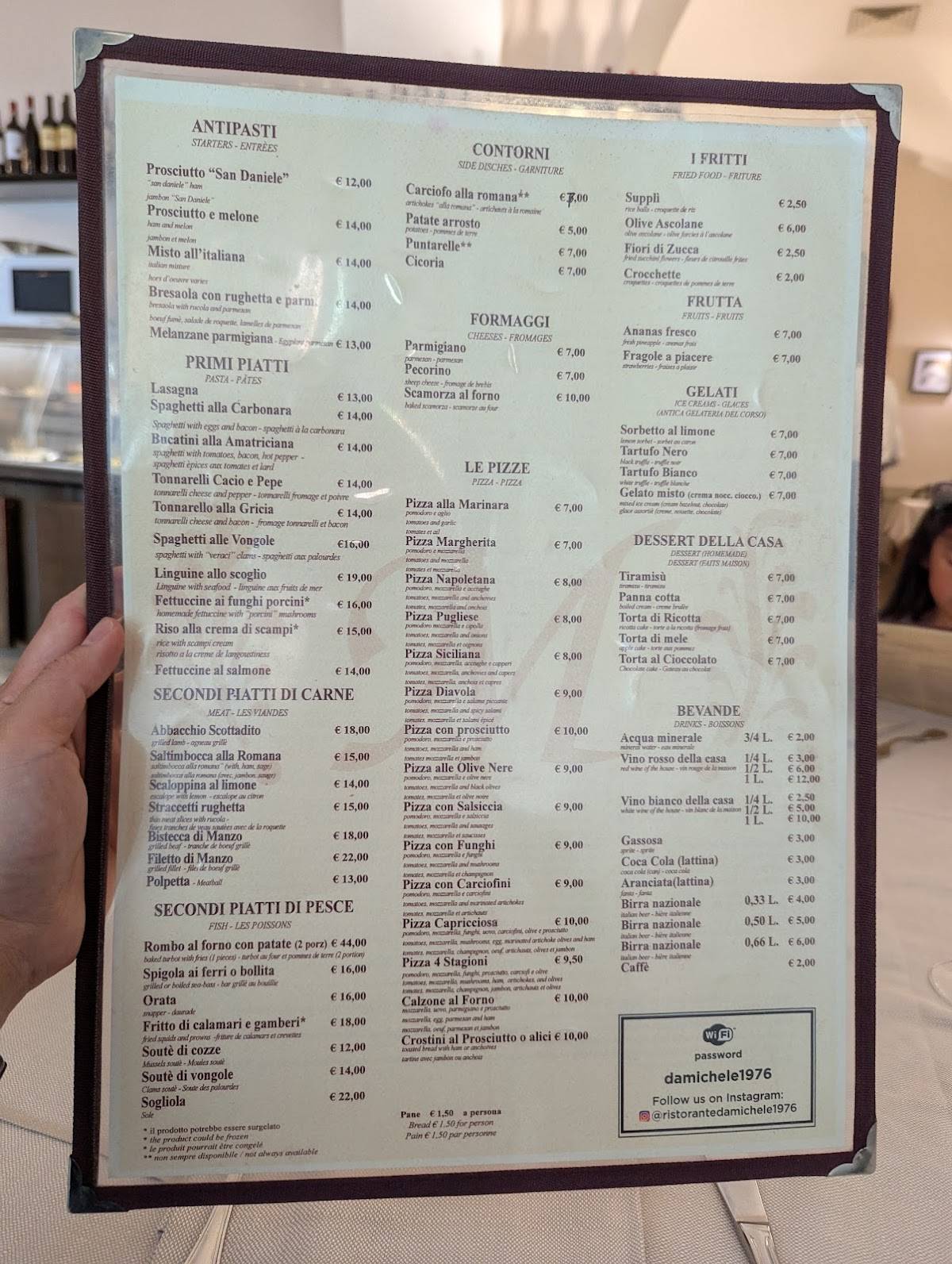 Menu at Ristorante Pizzeria da Michele, Rome, Via Merulana