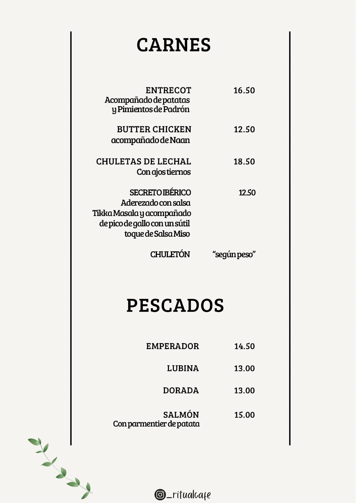 Menu at Ritual Café, Rocafort