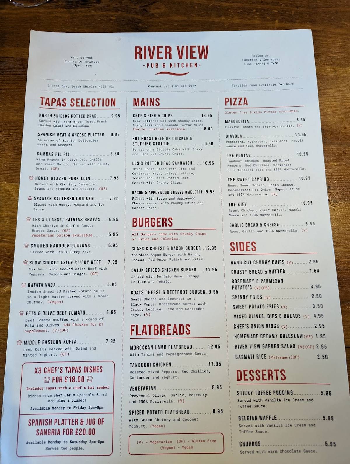 Menu at The Rivers Edge pub & bar, South Shields