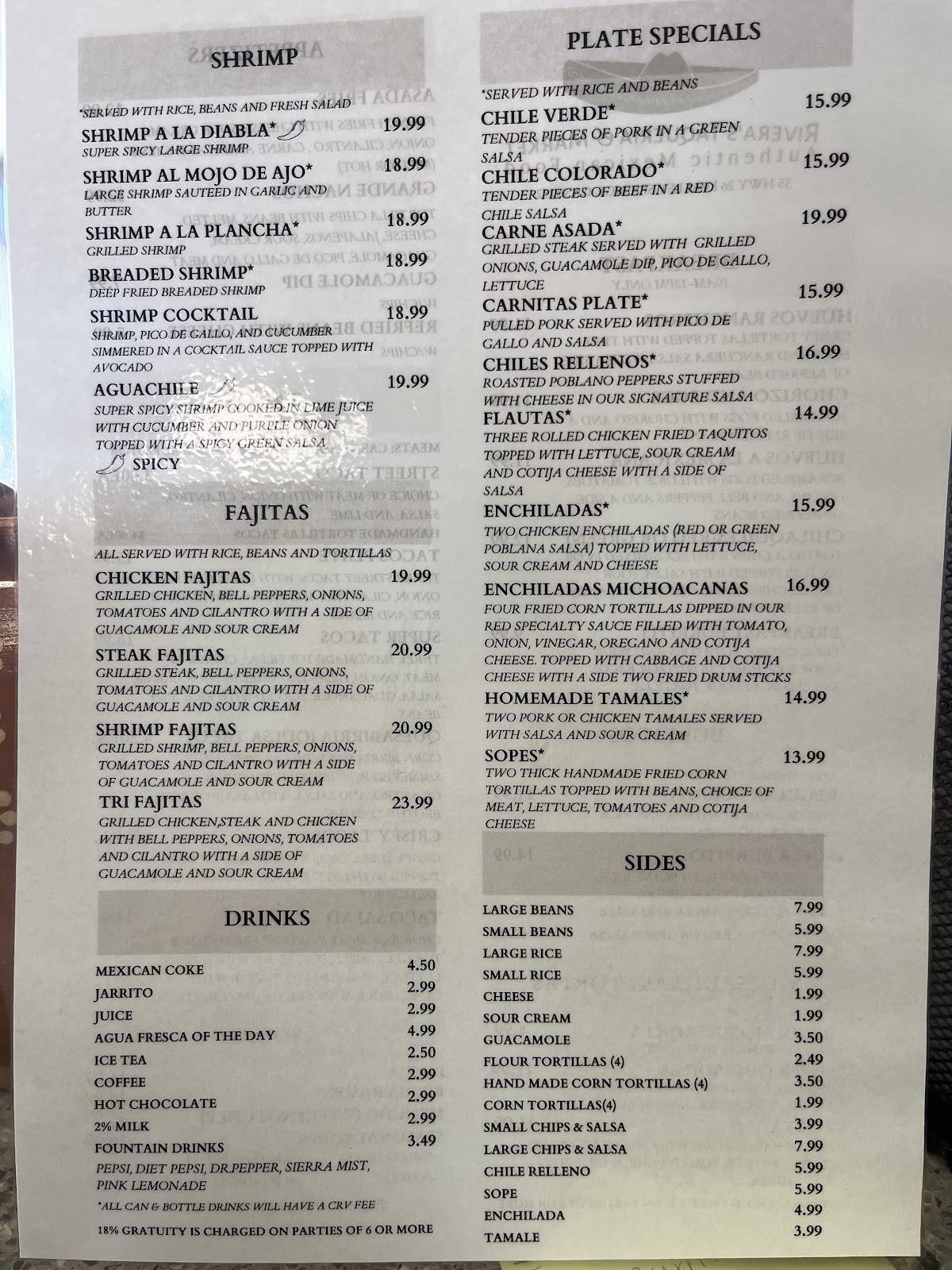 Menu at Rivera’s Taqueria restaurant, Valley Springs