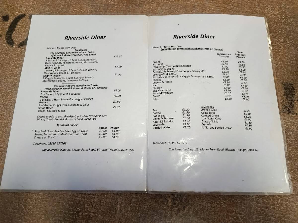 Menu at Riverside Diner cafe, Southampton
