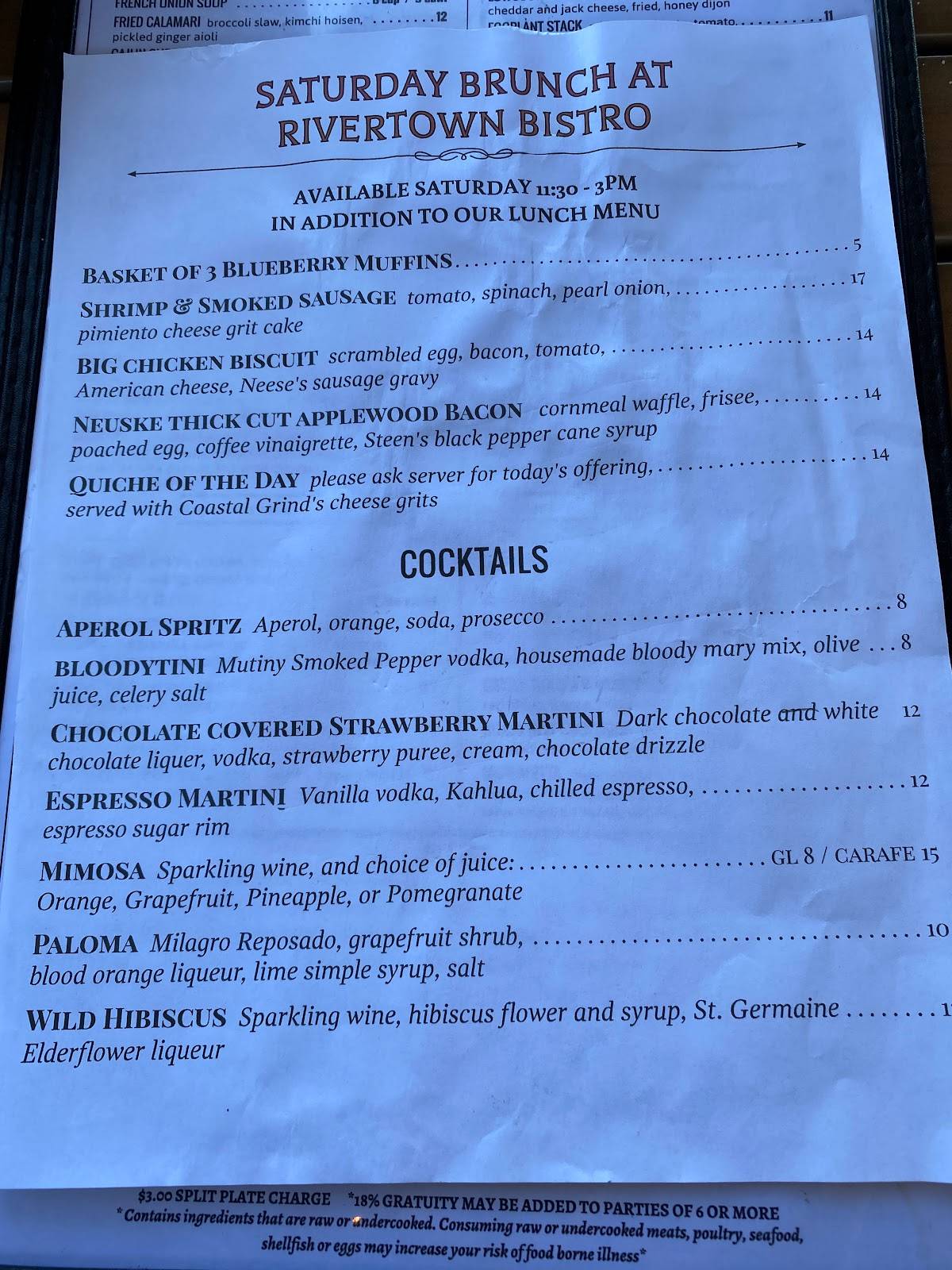 Menu at Rivertown Bistro restaurant, Conway, 3rd Ave