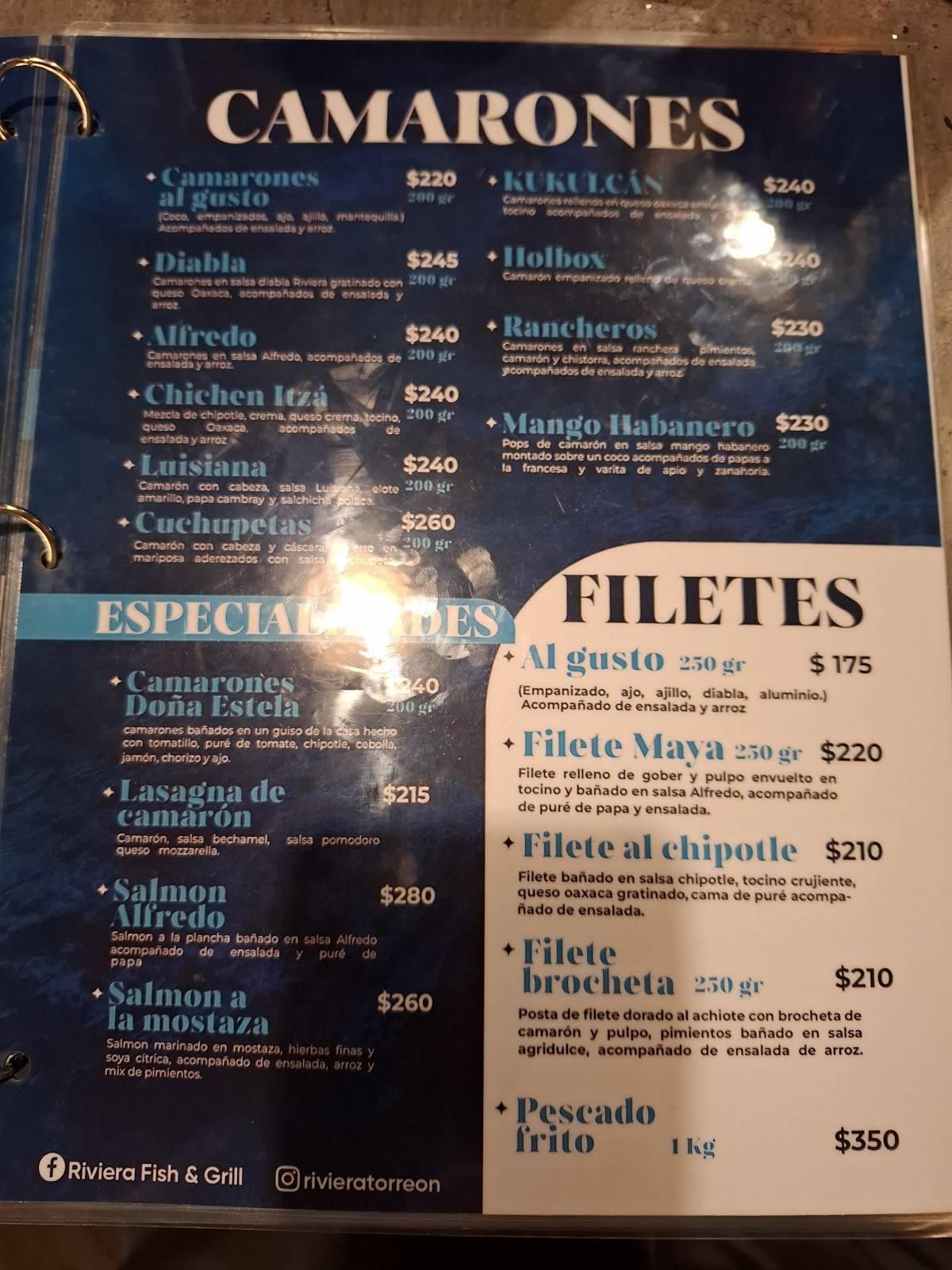Menu at Riviera fish & grill restaurant, Torreón