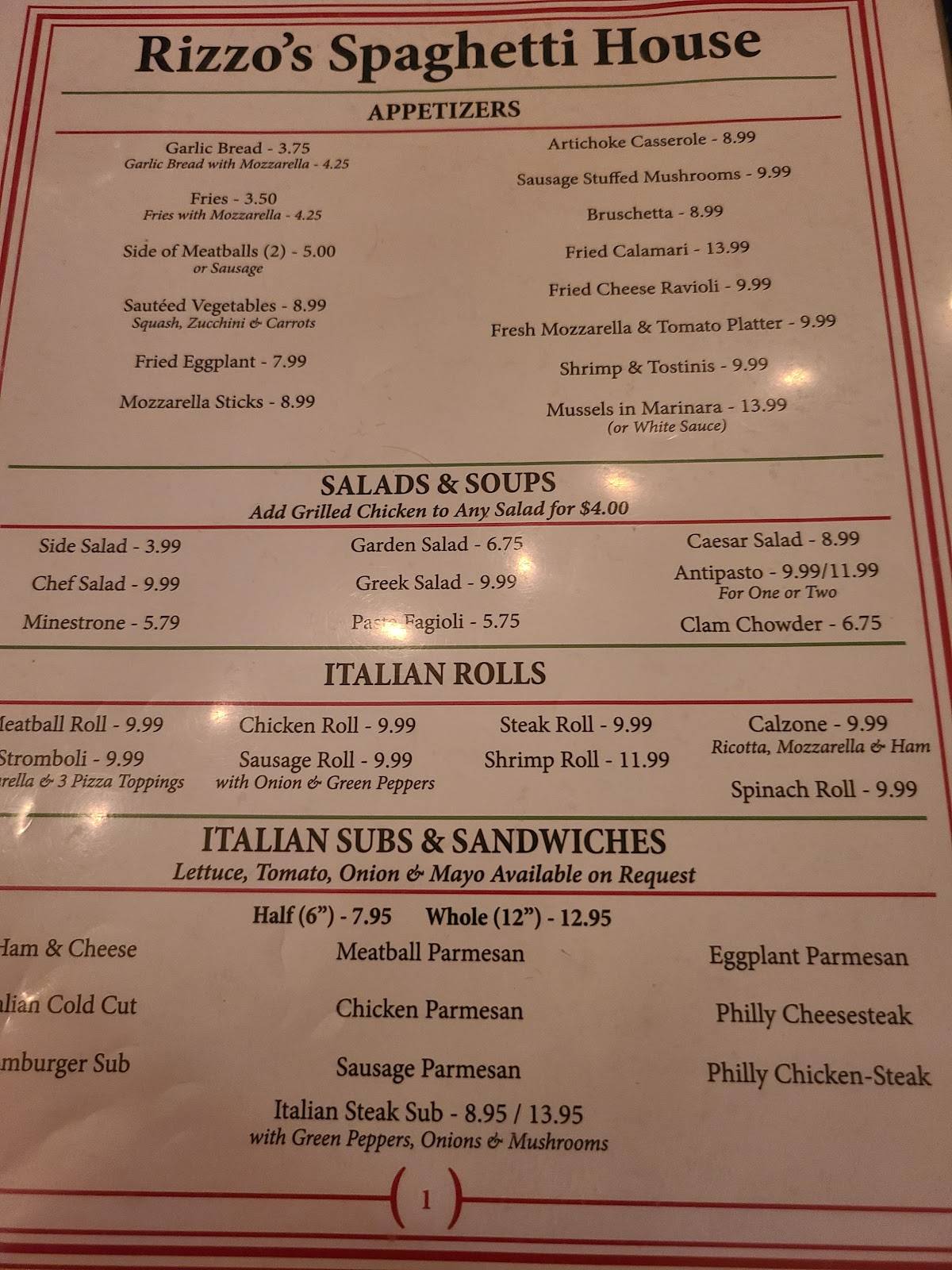 Menu at Rizzo's Spaghetti House pizzeria, Fort Mill, Charlotte Hwy