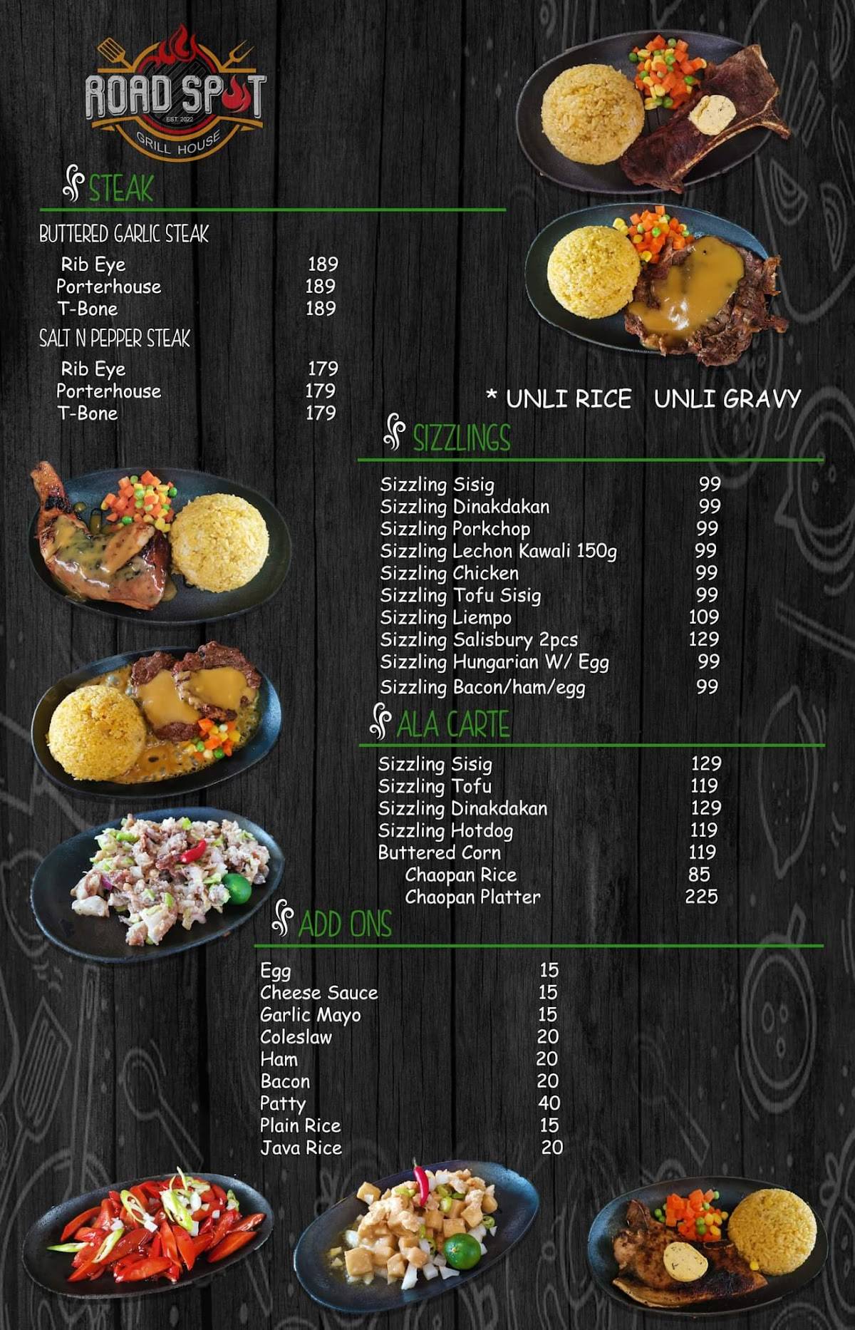 Menu at Road spot grill house restaurant, Caloocan