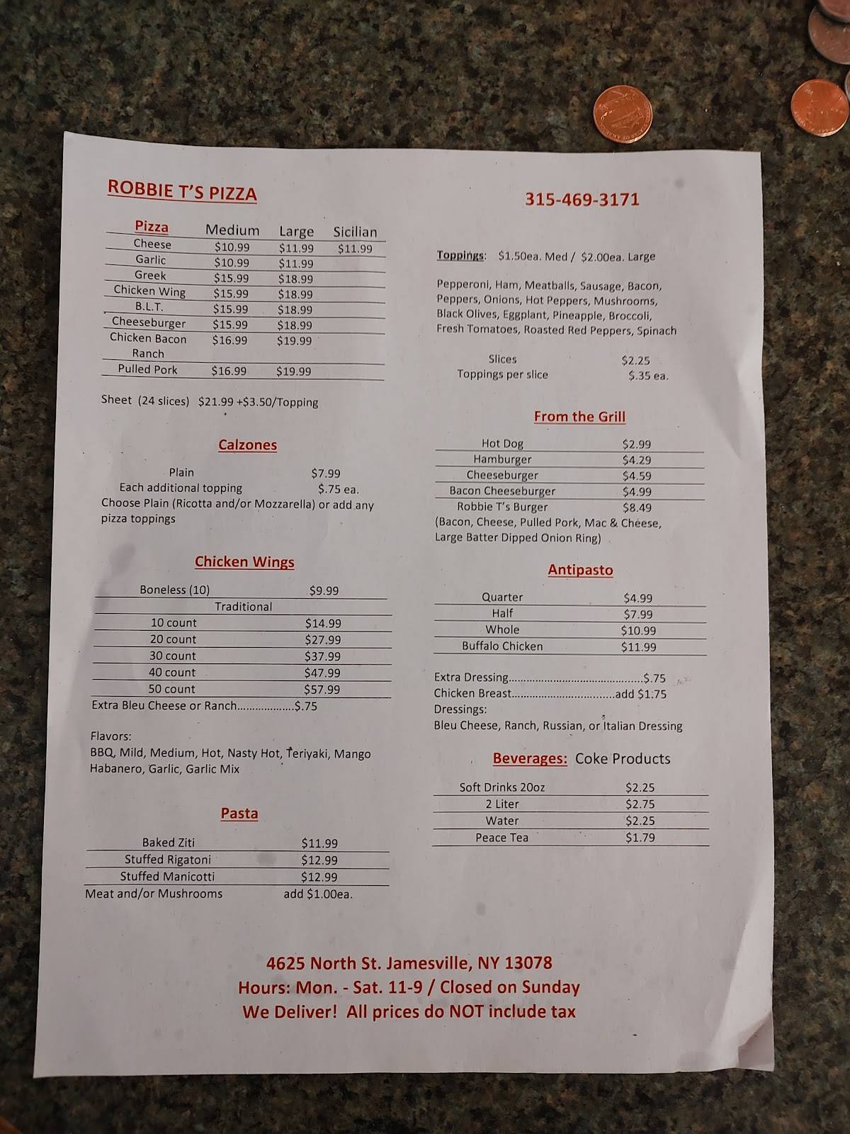 Menu at Robbie T's Pizza pizzeria, Jamesville