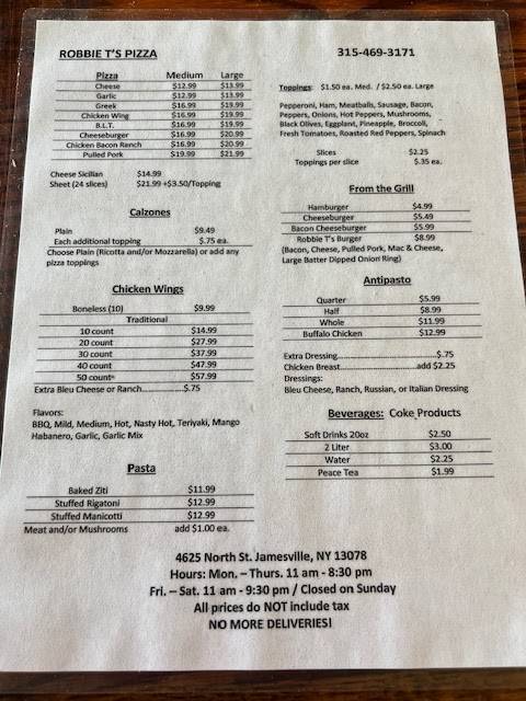 Menu at Robbie T's Pizza pizzeria, Jamesville