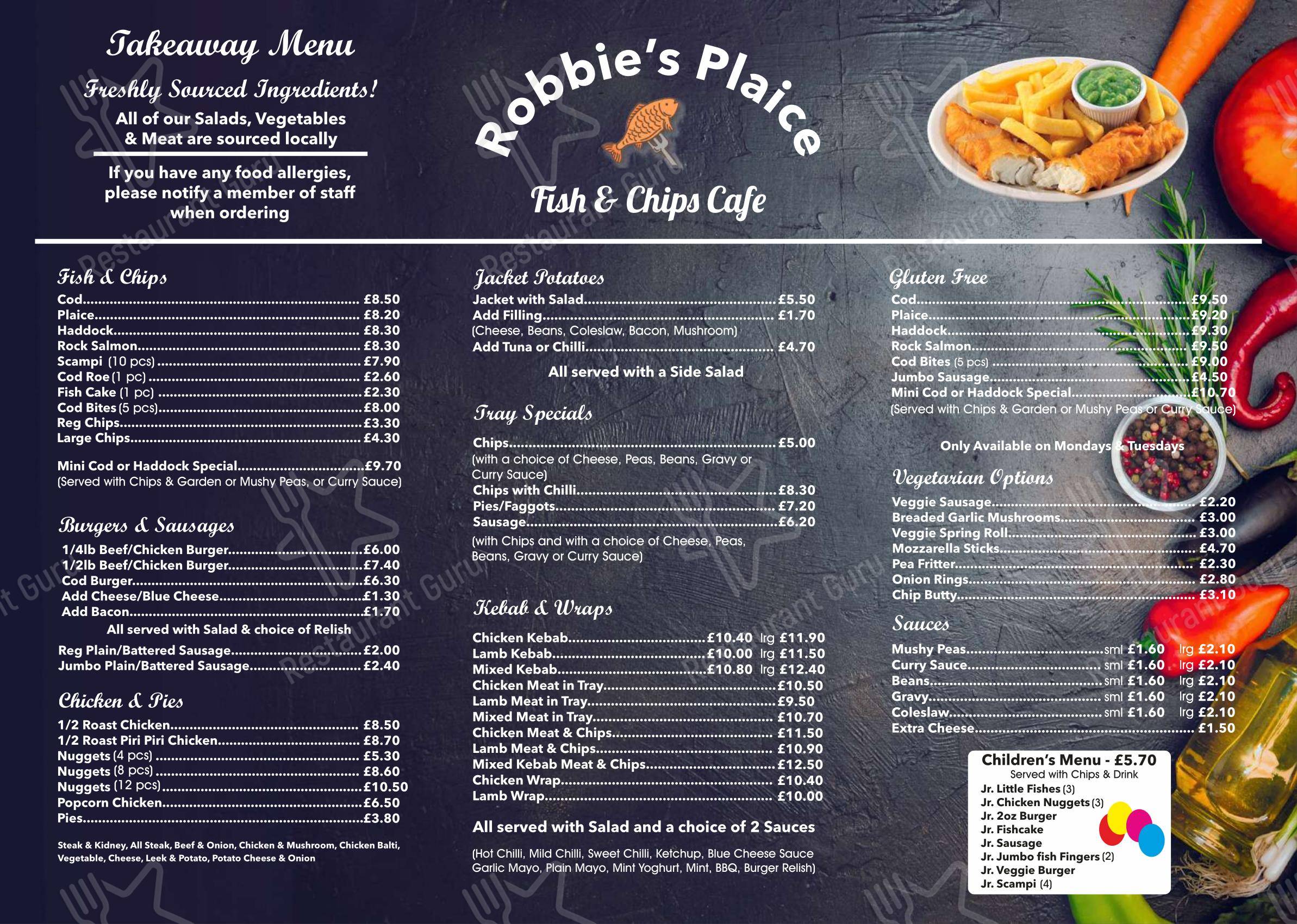 Menu at Robbie's Plaice cafe, Bath