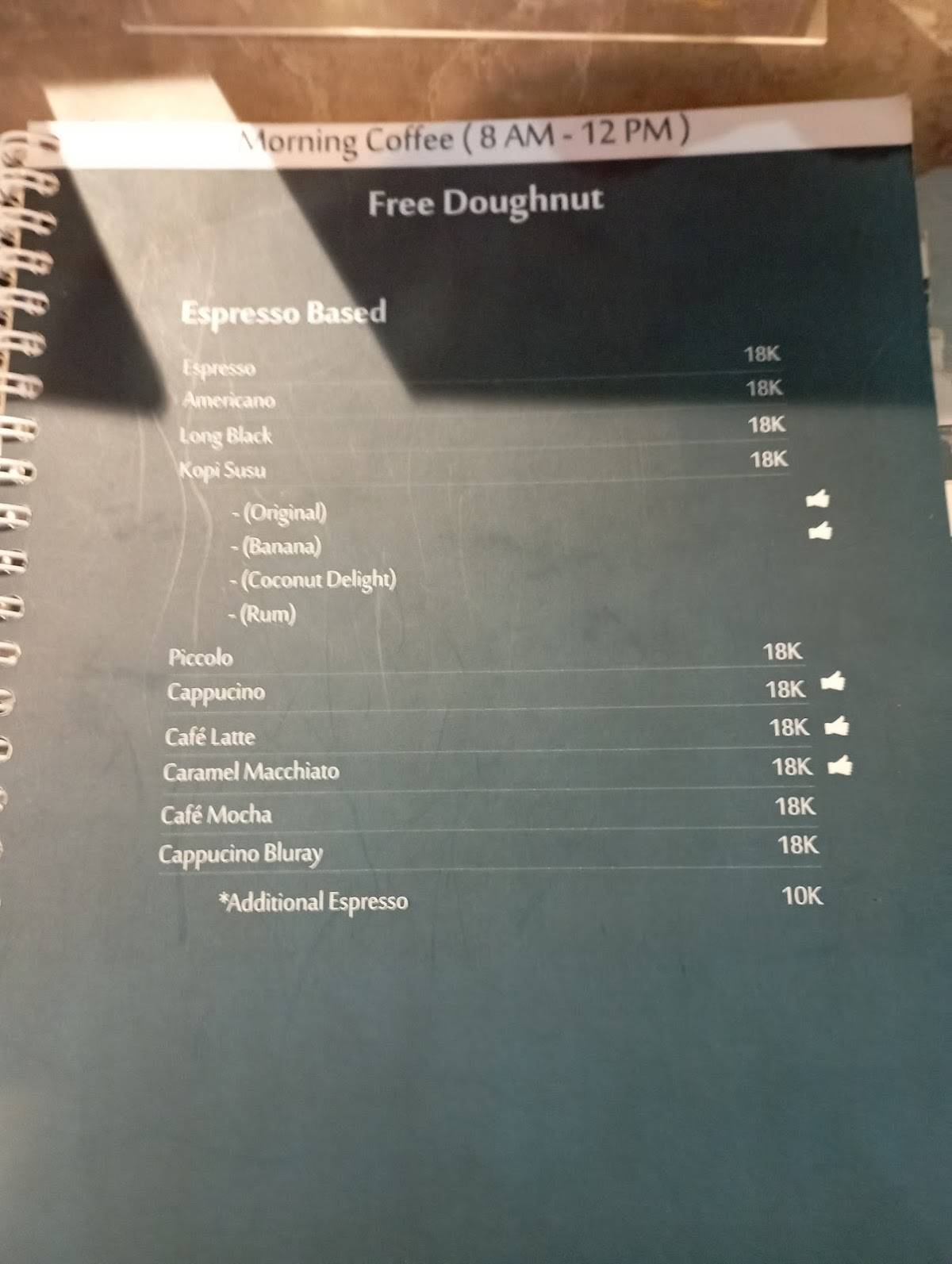 Carta del café Robusto Coffee, Malang