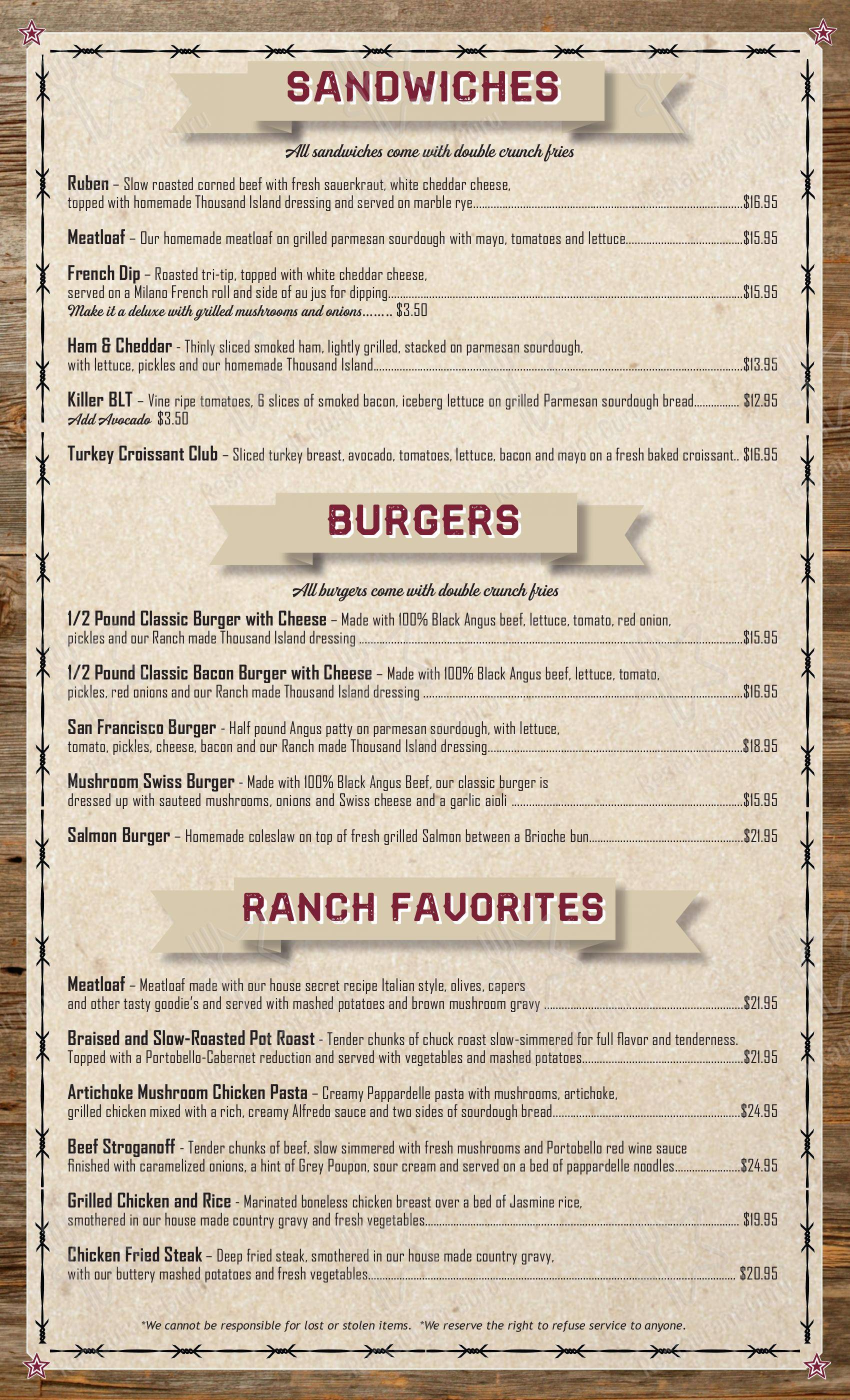 Menu at Rocking K Ranch pub & bar, Hemet