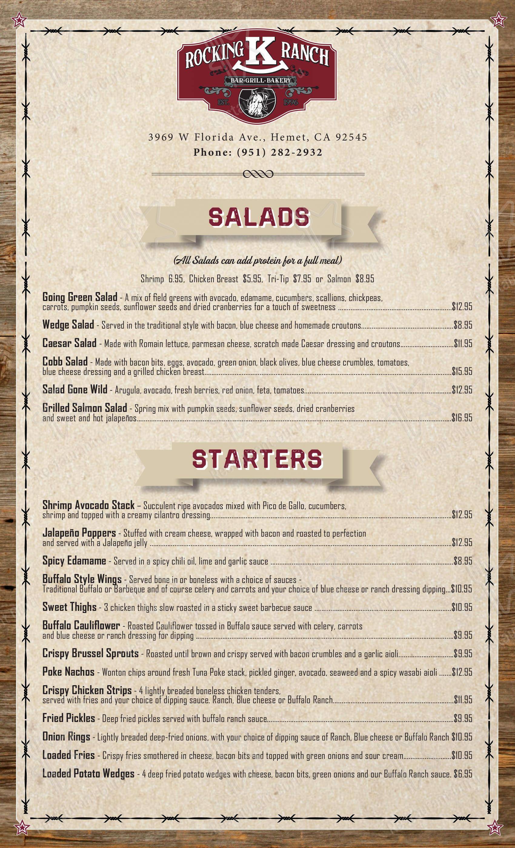 Menu at Rocking K Ranch pub & bar, Hemet