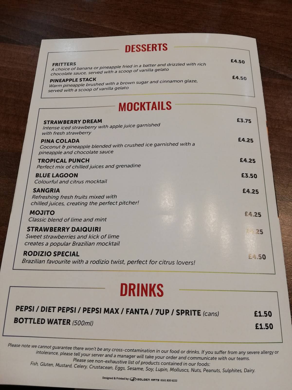 Menu at Rodizio Grill Manchester restaurant, Manchester