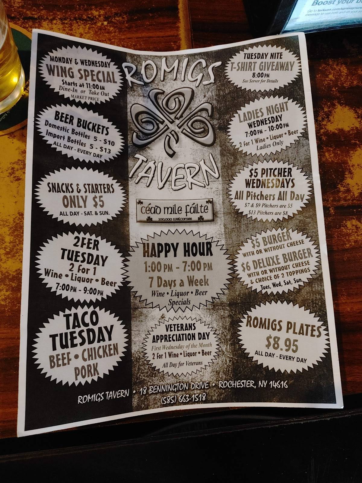 Menu at Romig's Tavern pub & bar, Rochester