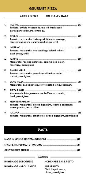 Menu at Romulus Pizza pizzeria, Mernda