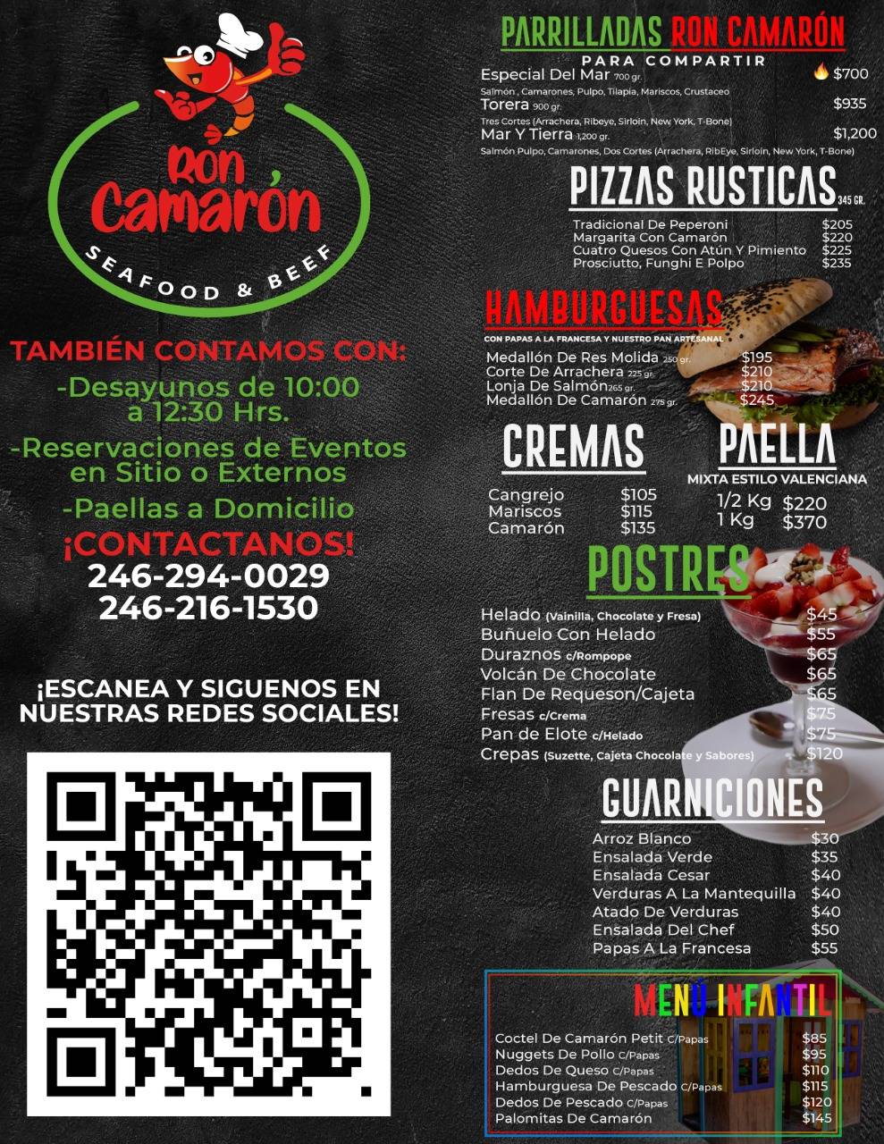 Menu at Ron Camaron restaurant, Tlaxcala