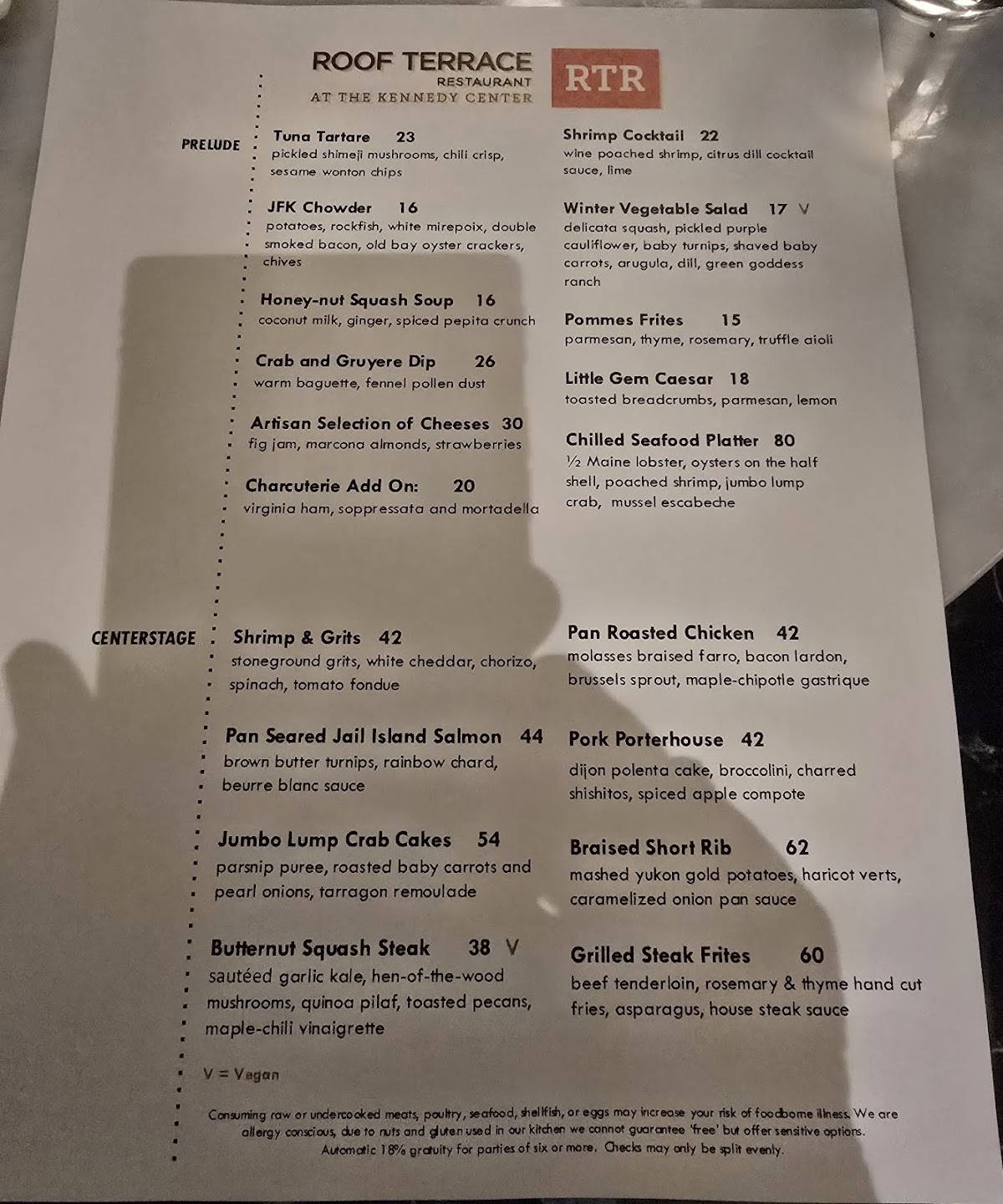 Menu at Roof Terrace Restaurant, Washington, F St NW