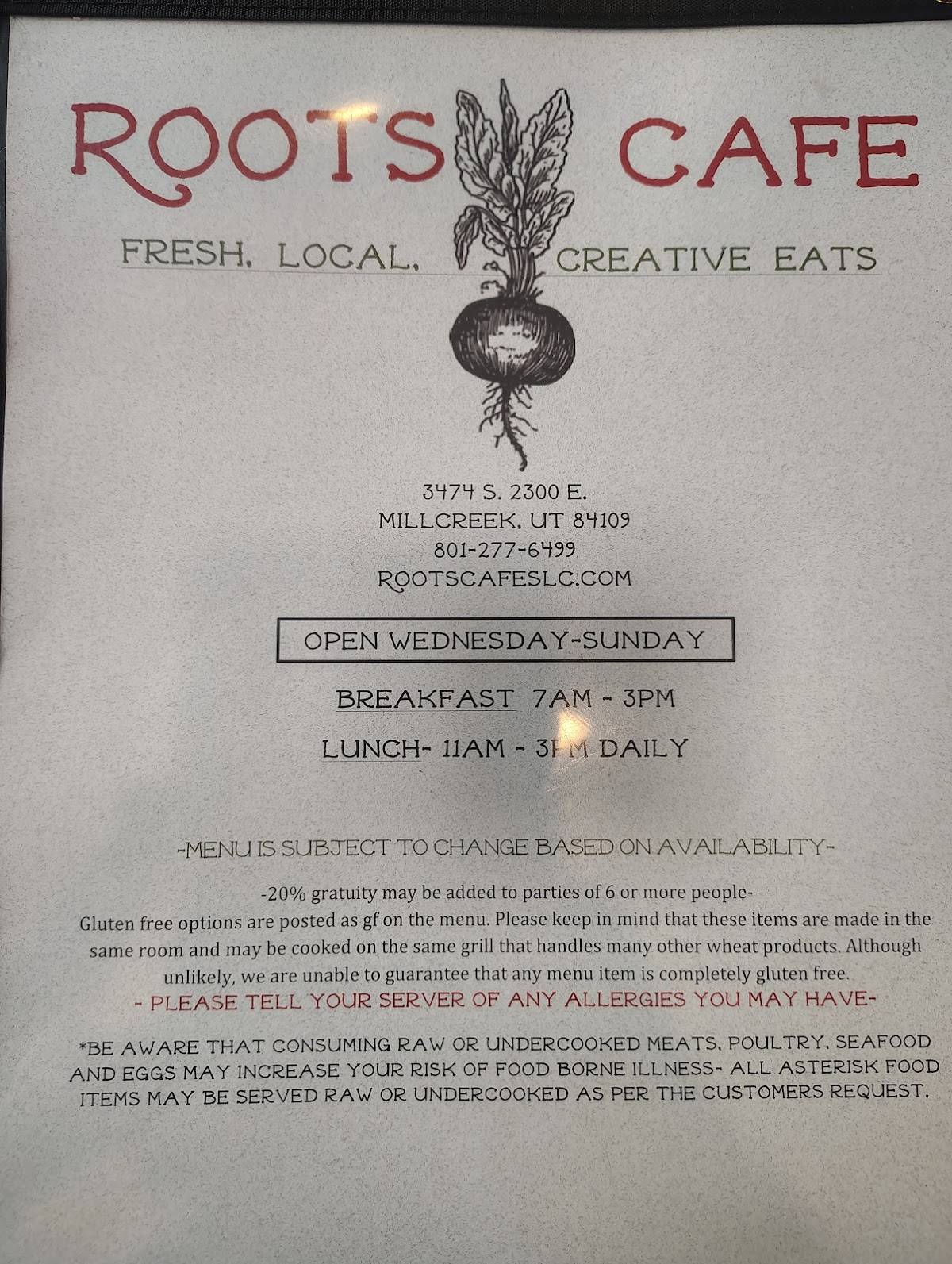 Menu at Roots Cafe, Millcreek, S 2300 E