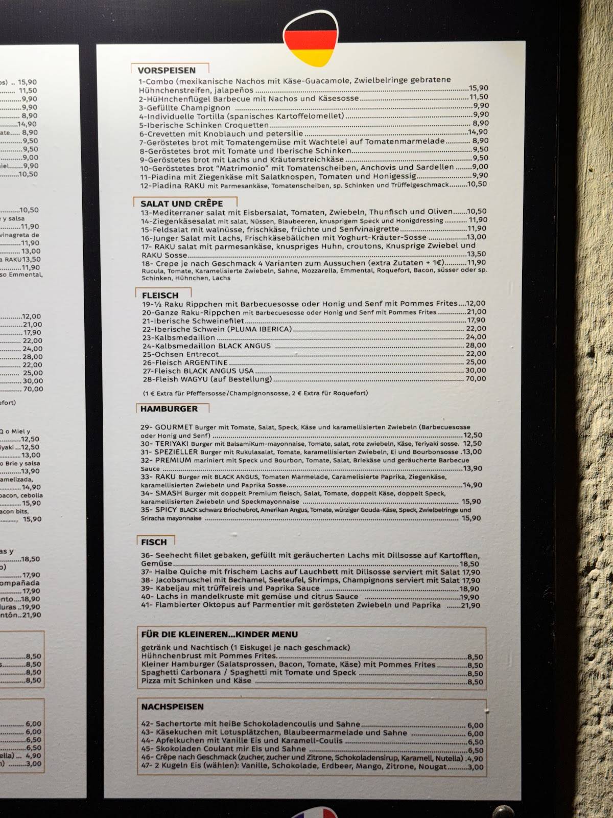 Menu at Raku restaurant, Roquetas de Mar