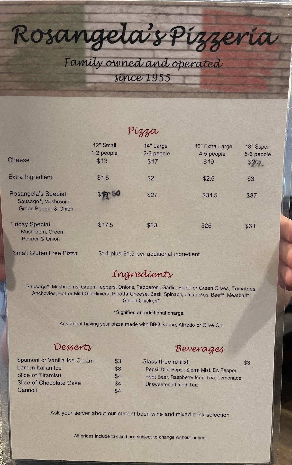 Menu at Rosangela’s Pizza pizzeria, Evergreen Park