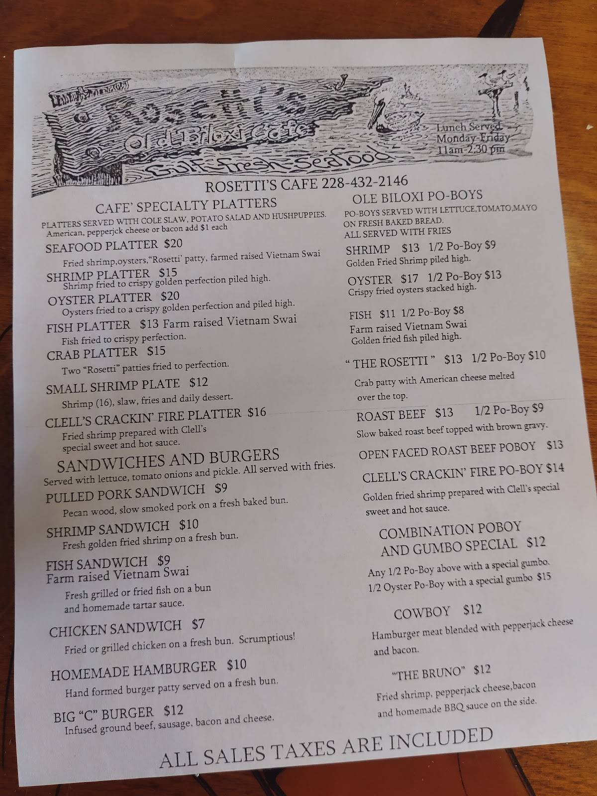 Menu at Rosetti's Cafe, Biloxi