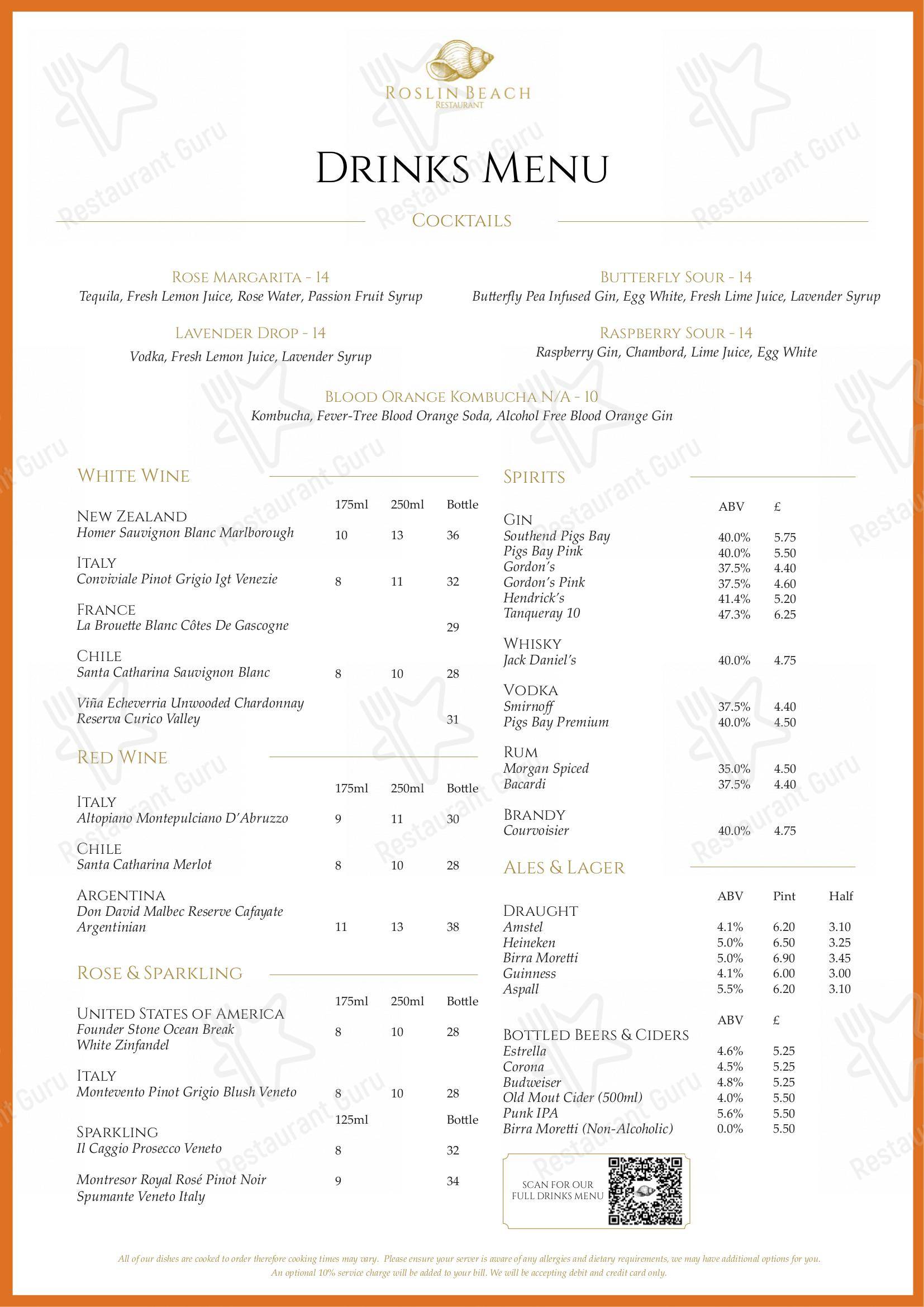 Menu at Roslin Beach Hotel pub & bar, Southend-on-Sea