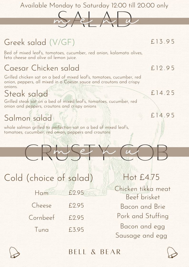 Menu at Bell & Bear Inn pub & bar, Rowley Regis