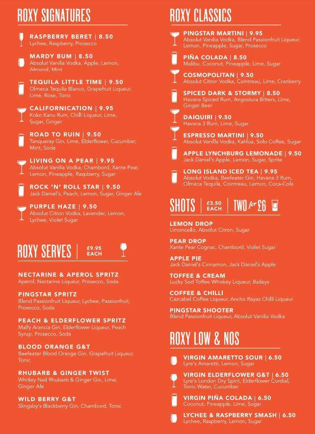 Menu at Roxy Ball Room Sheffield Charter Square pub & bar, Sheffield