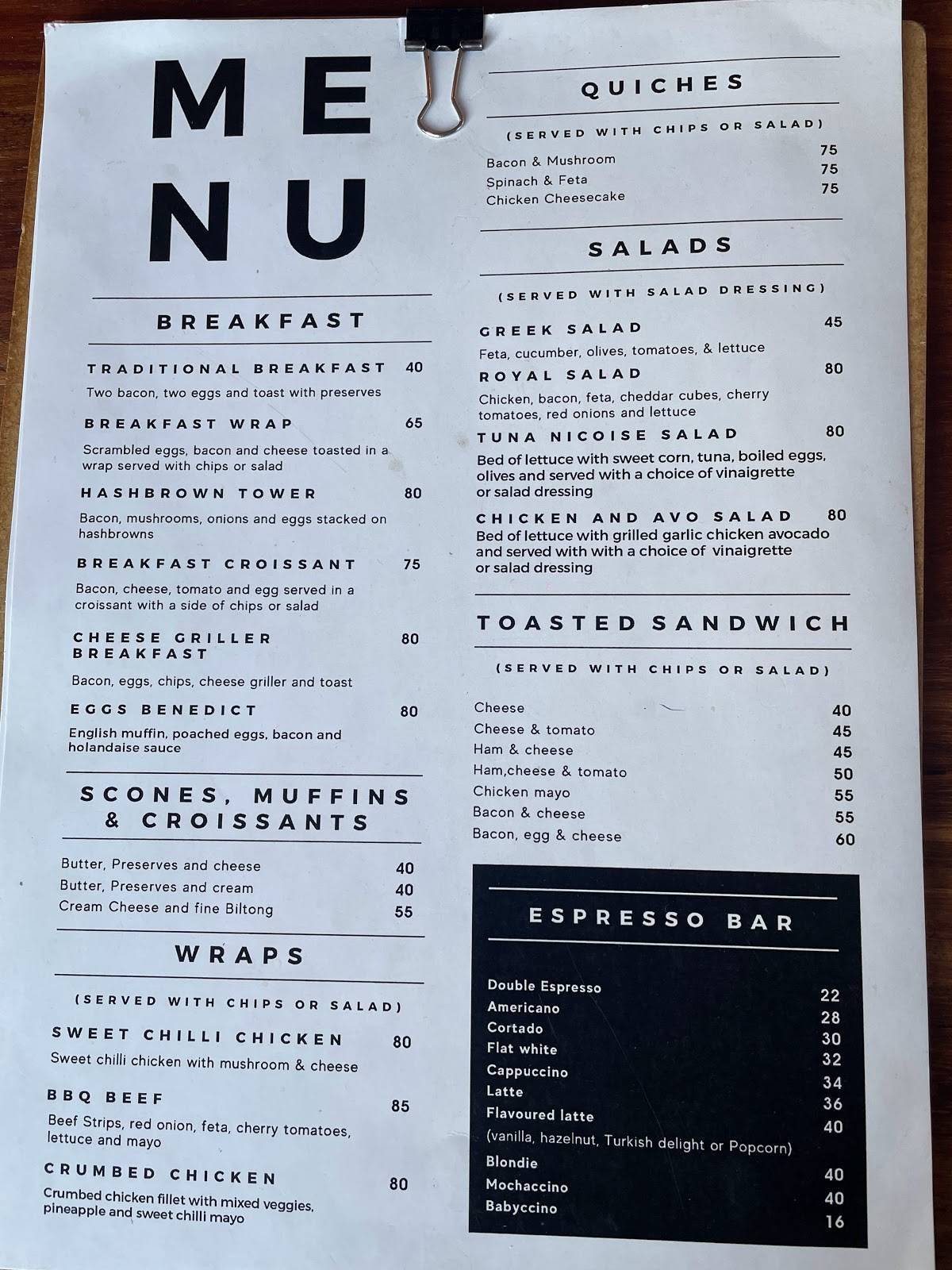 Menu au Royal Cafe and Roastery, Bloemfontein