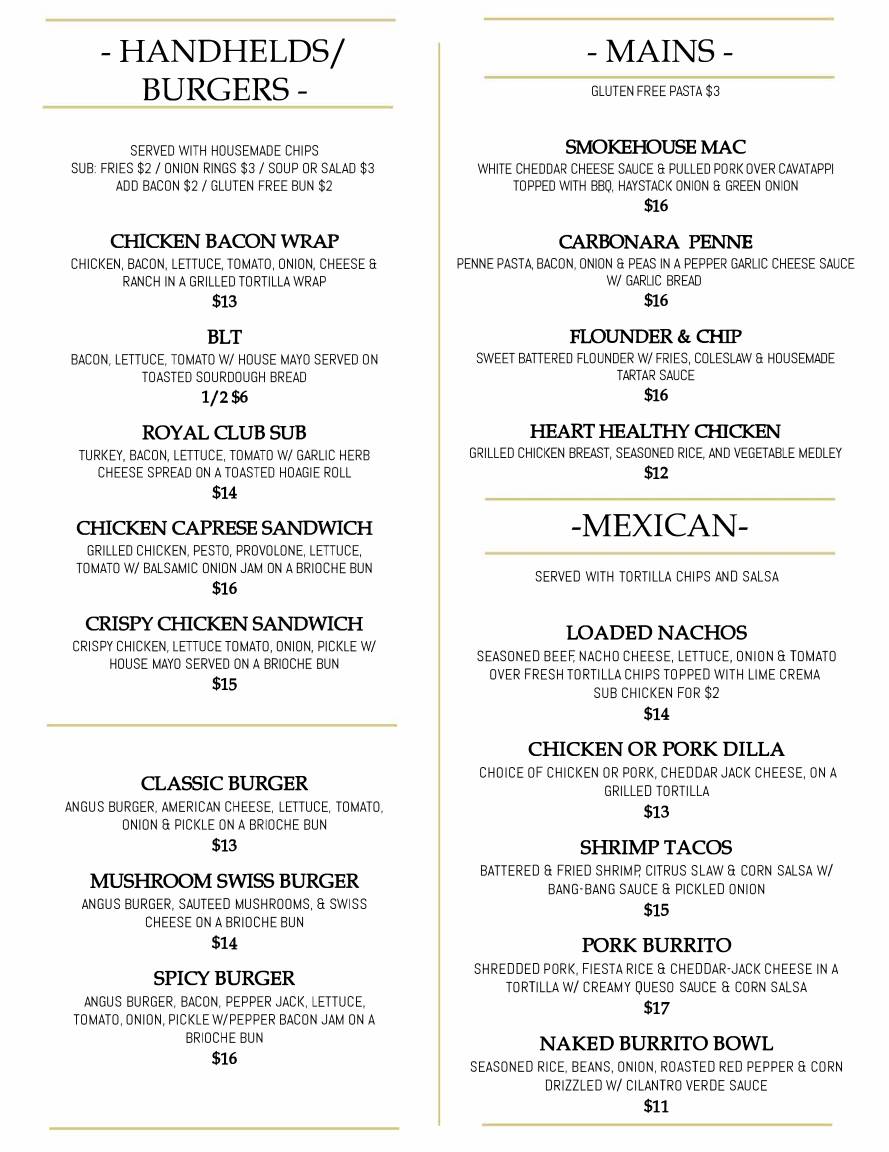 Menu at Royal Grille restaurant, Canadian Lakes