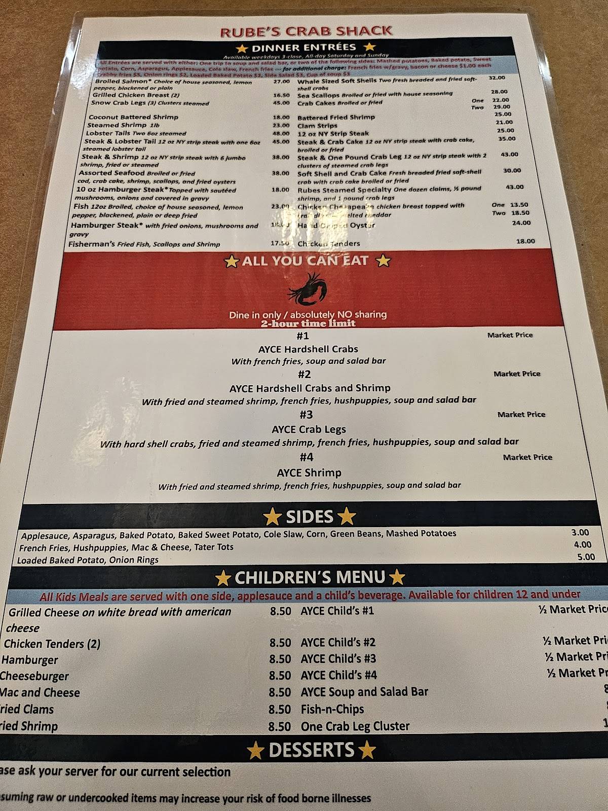 Menu at Rube's Crab Shack LLC restaurant, Emmitsburg