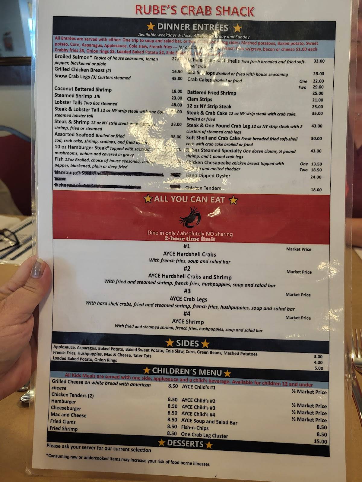 Menu at Rube's Crab Shack LLC restaurant, Emmitsburg