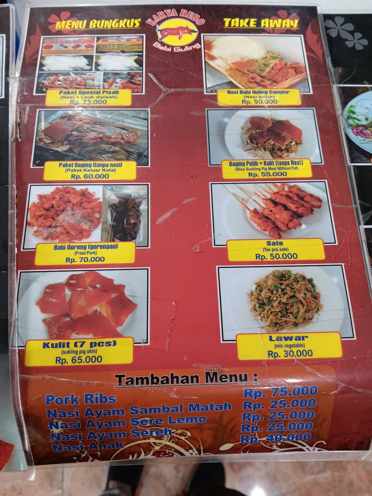 Menu at Rumah Makan Babi Guling Karya Rebo restaurant, Jimbaran, Jl ...
