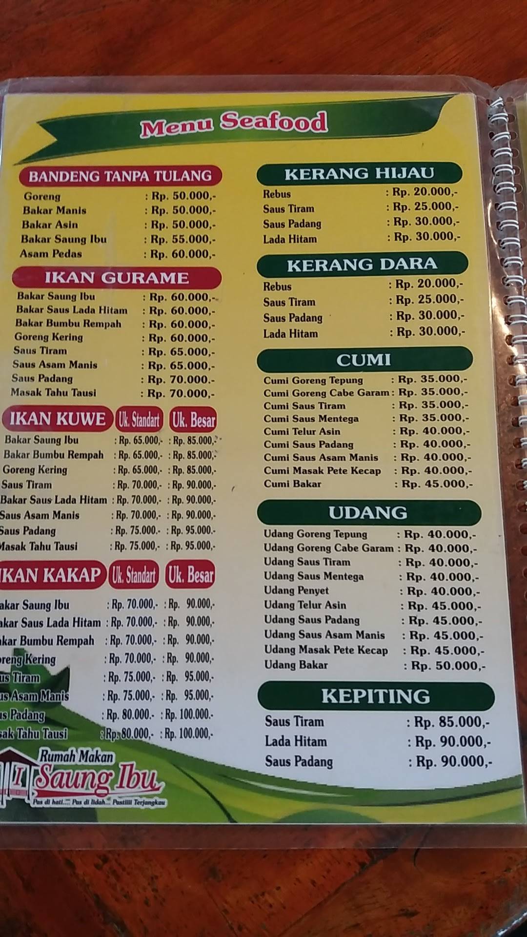 Menu at Rumah Makan Saung Ibu restaurant, Indonesia
