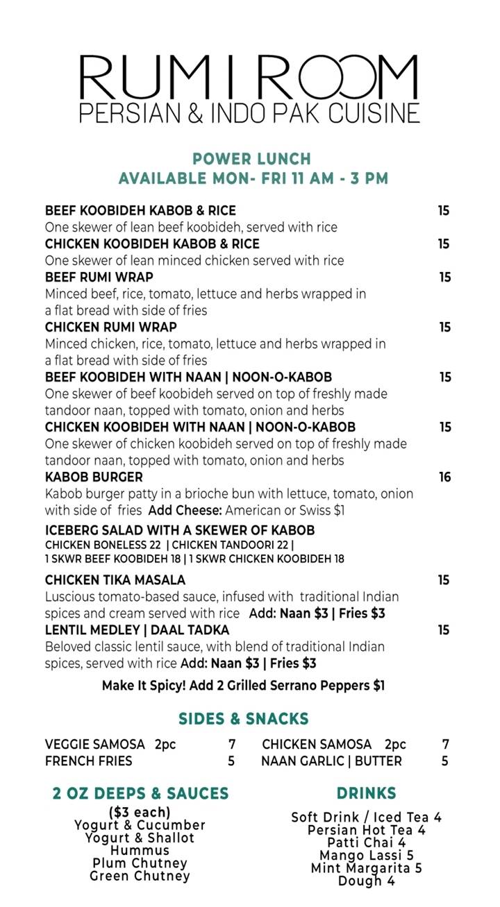 Menu at Rumi Room Persian and Indo-Pak Cuisine restaurant, Las Vegas