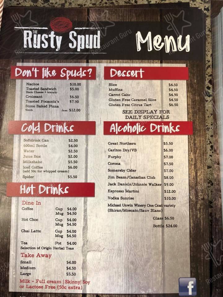 Menu at The Rusty Spud restaurant, Ballarat Central