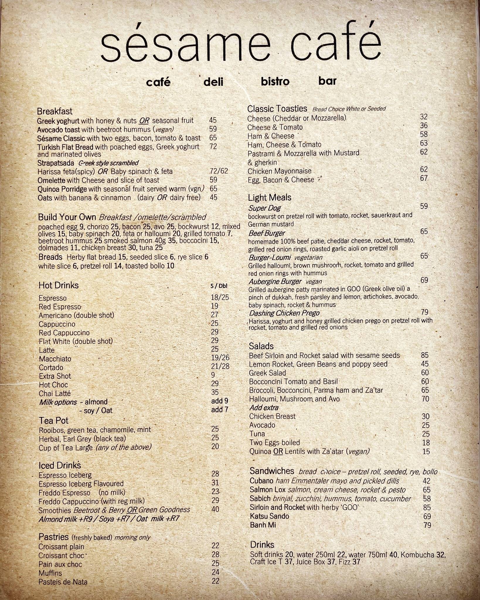 Speisekarte von Sésame Café cafe, Johannesburg, 18A Baker St
