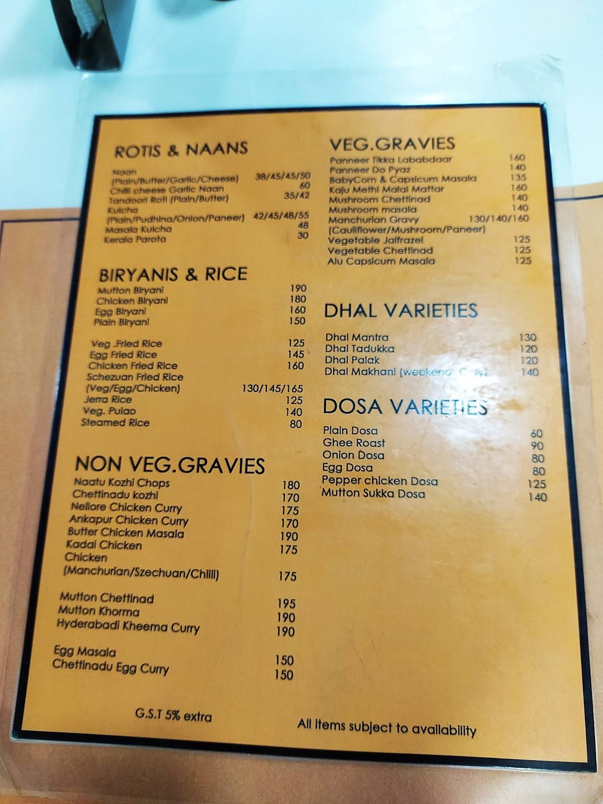 Menu at SPICE MANTRA, Madurai