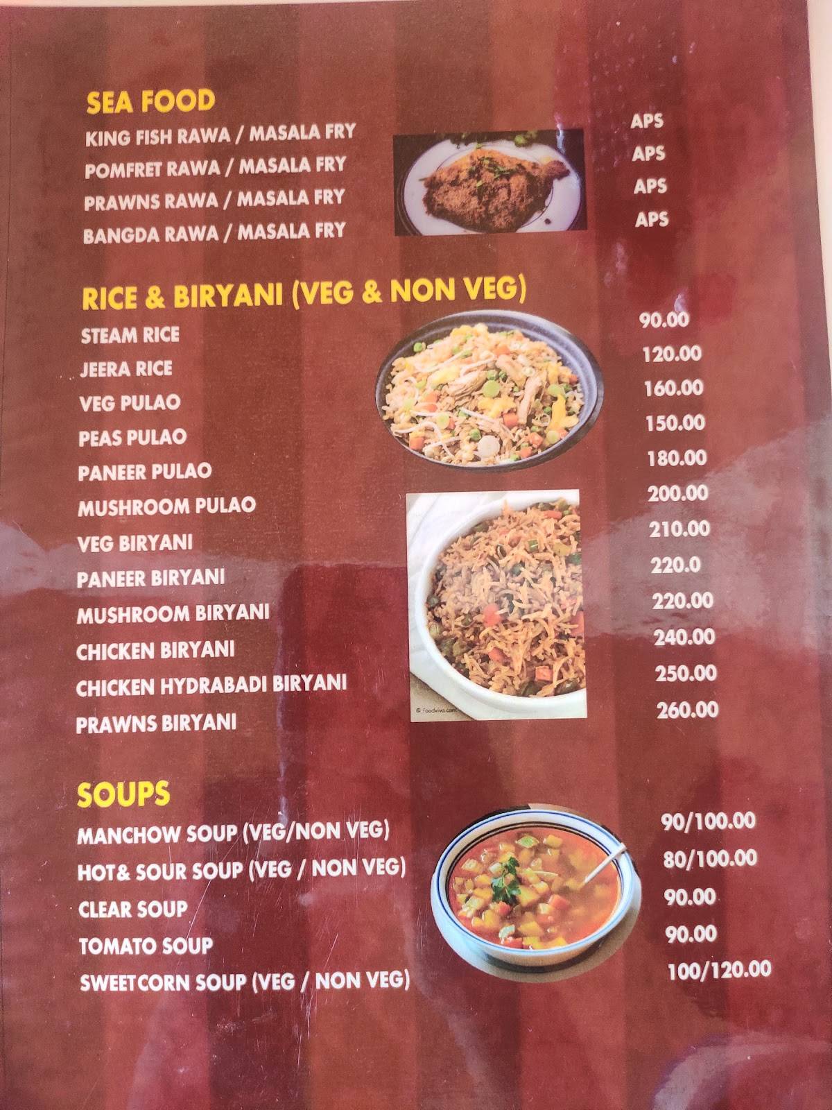 Menu at SRI Canteen, Mapusa