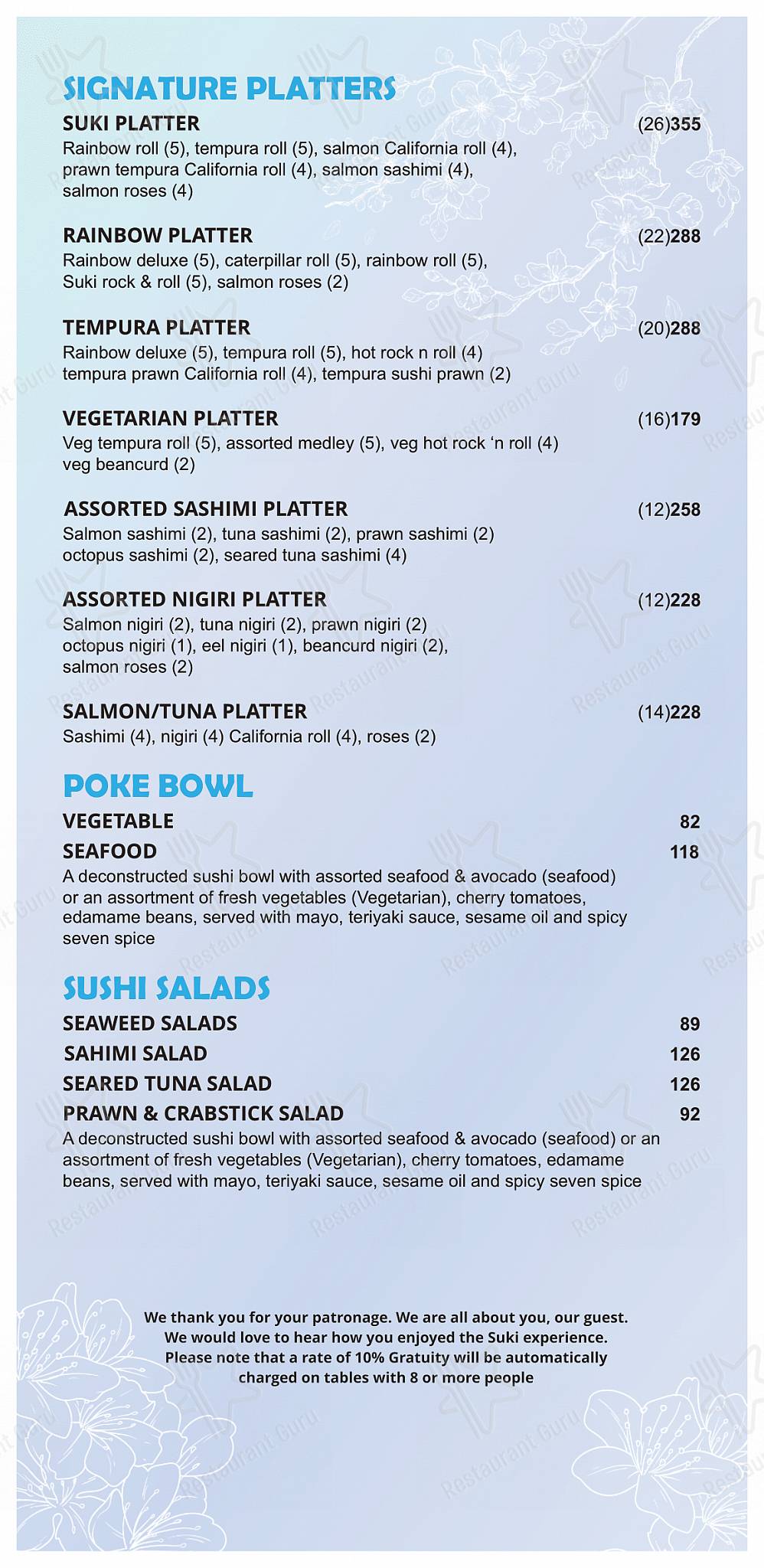 Menu at SUKI Sushi & Asian Cuisine restaurant, Port Elizabeth