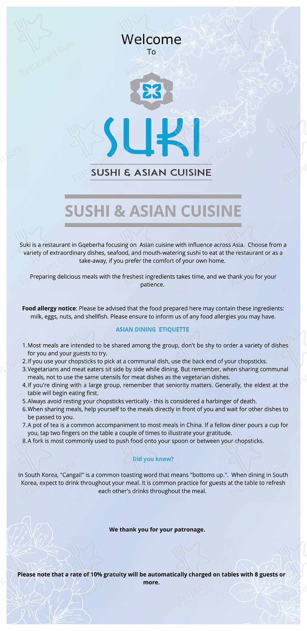 Menu at SUKI Sushi & Asian Cuisine restaurant, Port Elizabeth