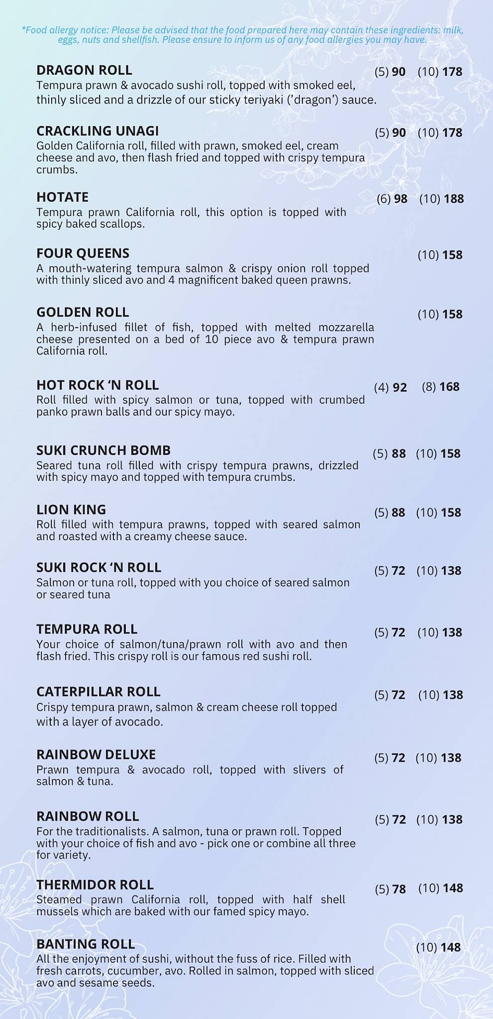 Menu at SUKI Sushi & Asian Cuisine restaurant, Port Elizabeth