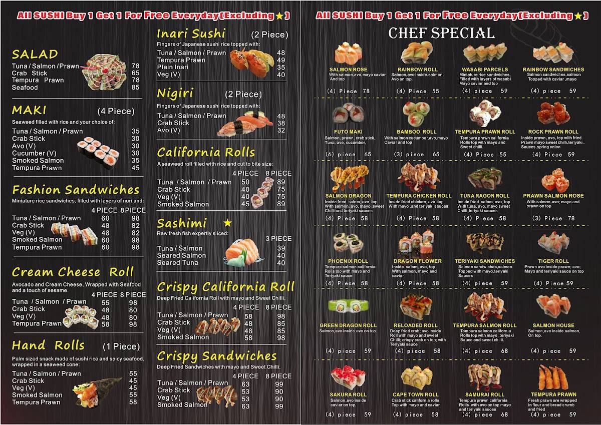 Menu at SUSHI KING restaurant, Cape Town