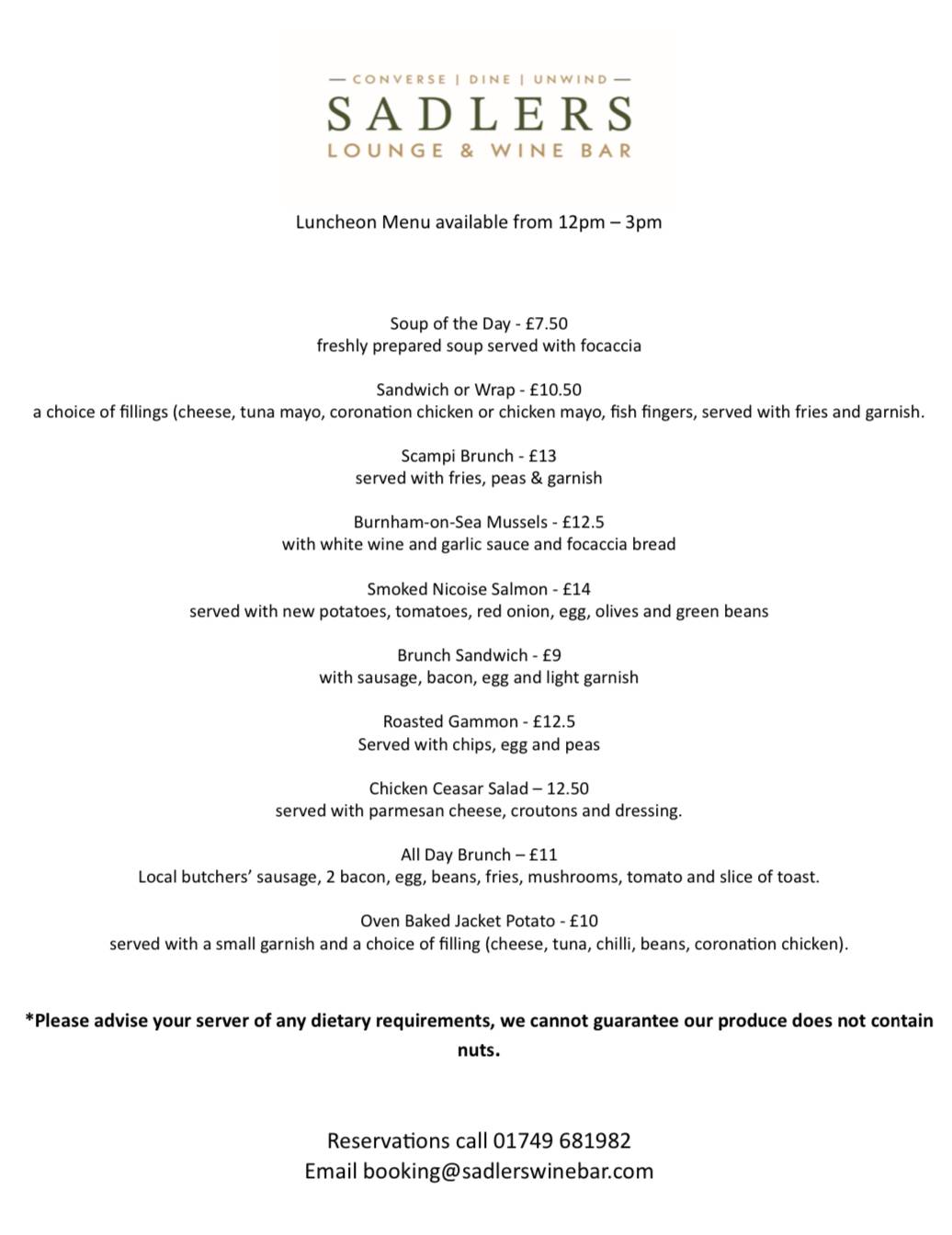 Menu at Sadlers Restaurant, Wells