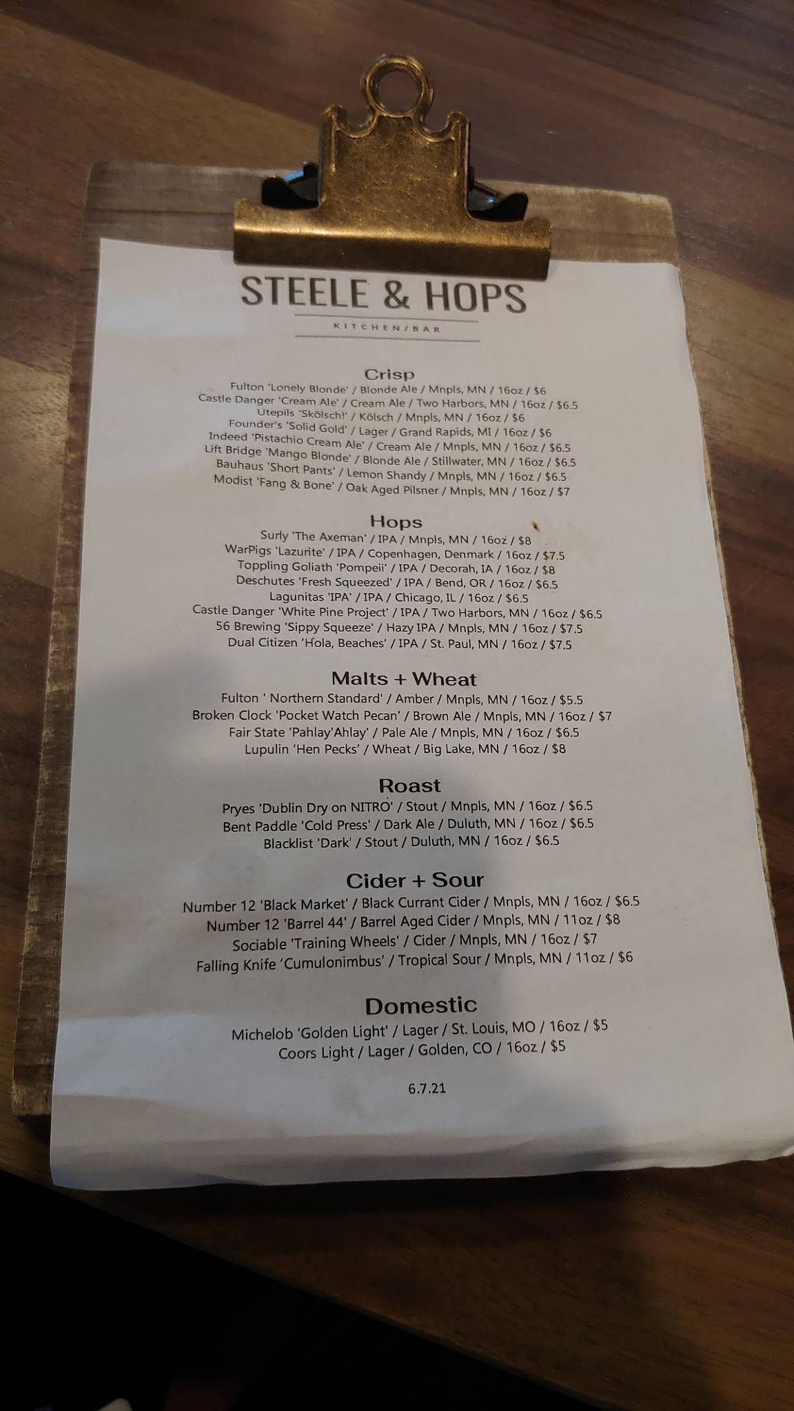 Menu at Steele & Hops pub & bar, Saint Anthony