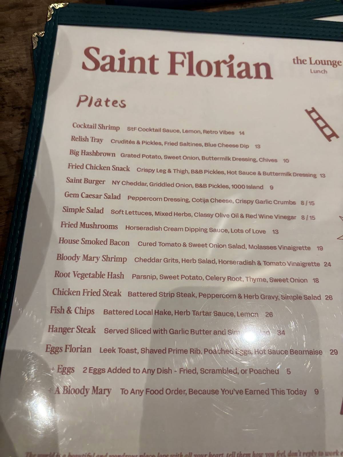 Menu at Saint Florian restaurant, Hudson